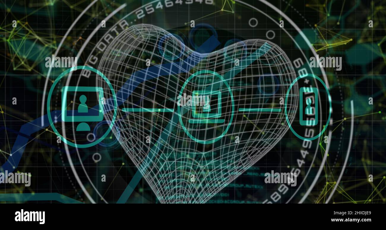 Image of digital icons with big data, heart shaped connections and data ...