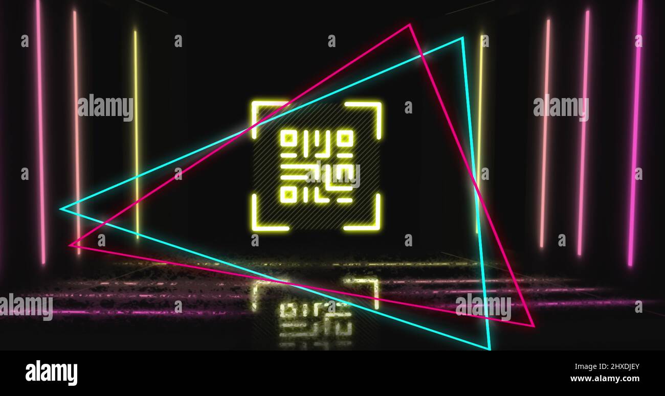 Image of glowing qr code over neon geometric shapes Stock Photo - Alamy