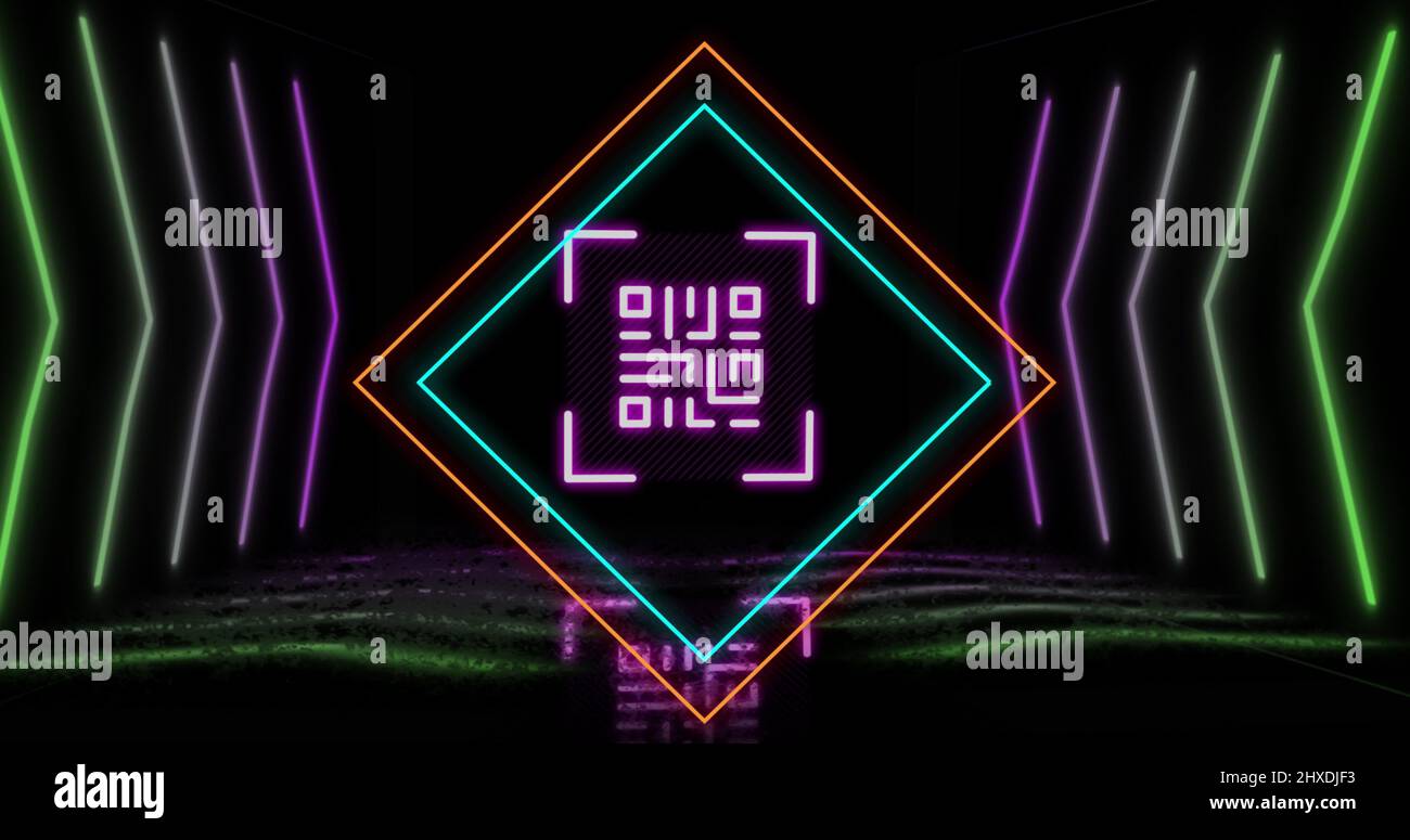 Image of glowing qr code over neon geometric shapes Stock Photo - Alamy