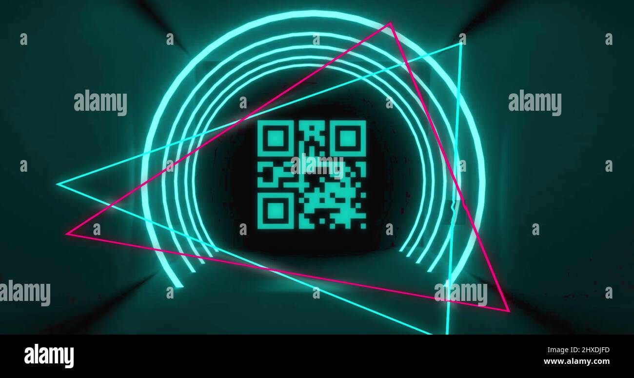 Image of glowing qr code over neon geometric shapes Stock Photo - Alamy