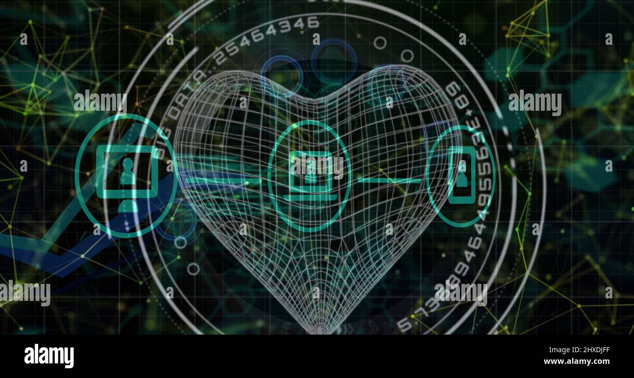 Image of digital icons with big data, heart shaped connections and data ...