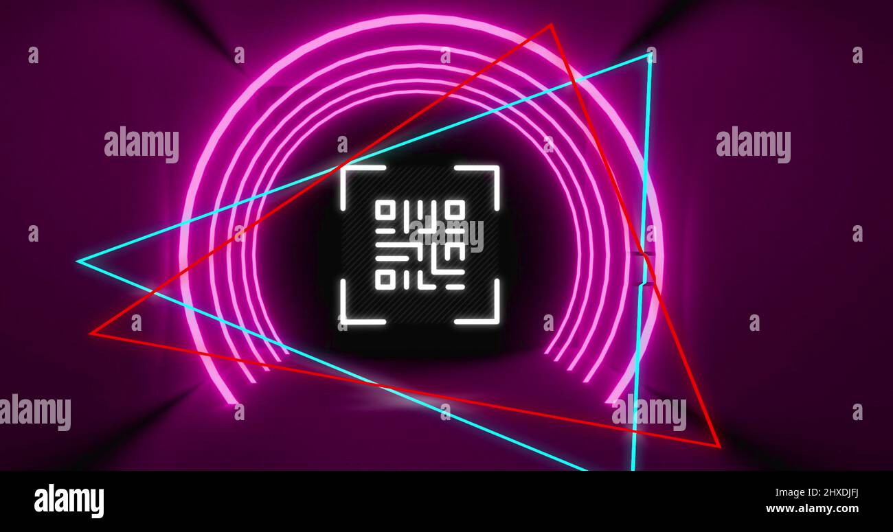 Image of glowing qr code over neon shapes on purple background Stock ...