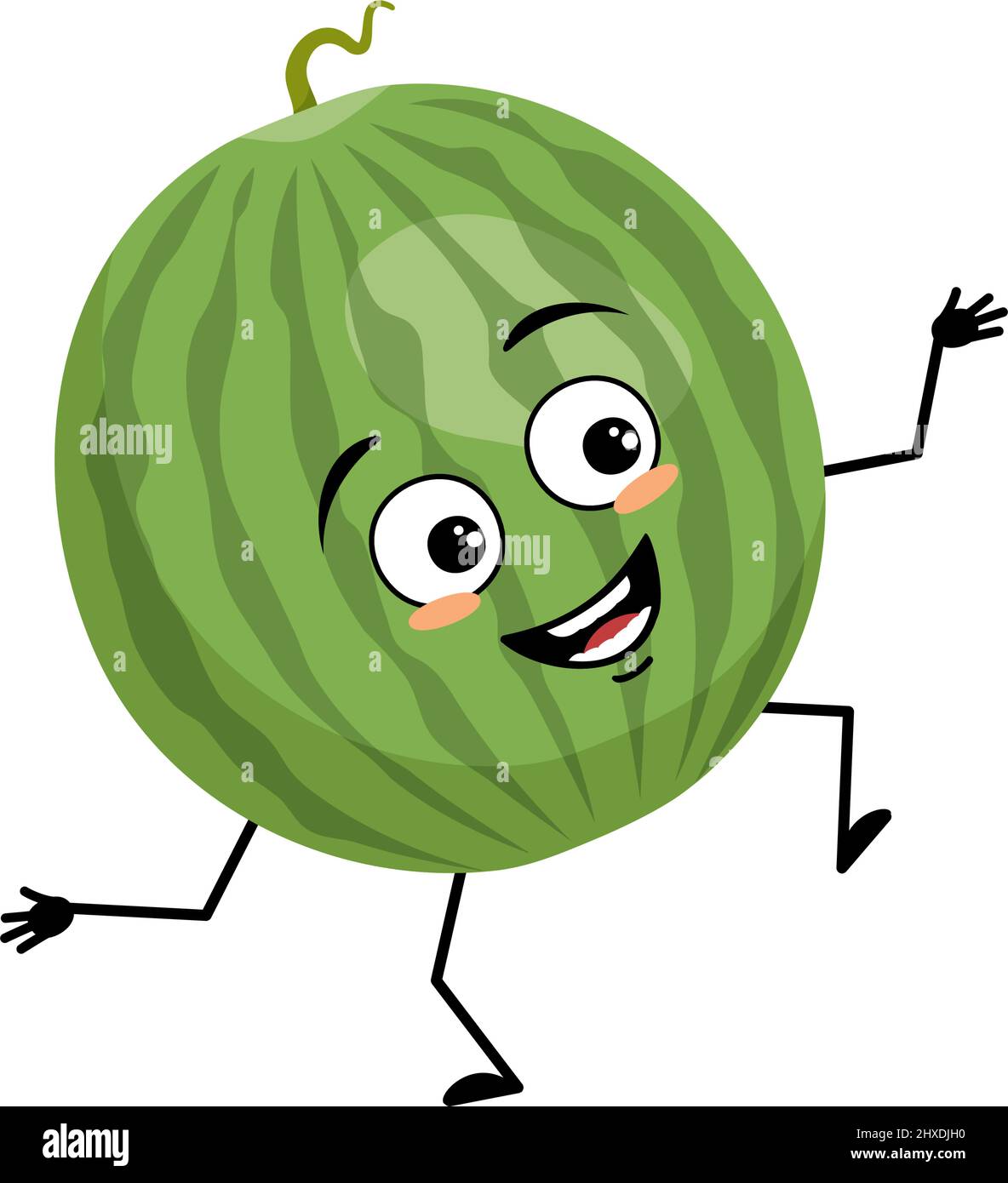 Green striped round watermelon character with happy emotion, joyful ...