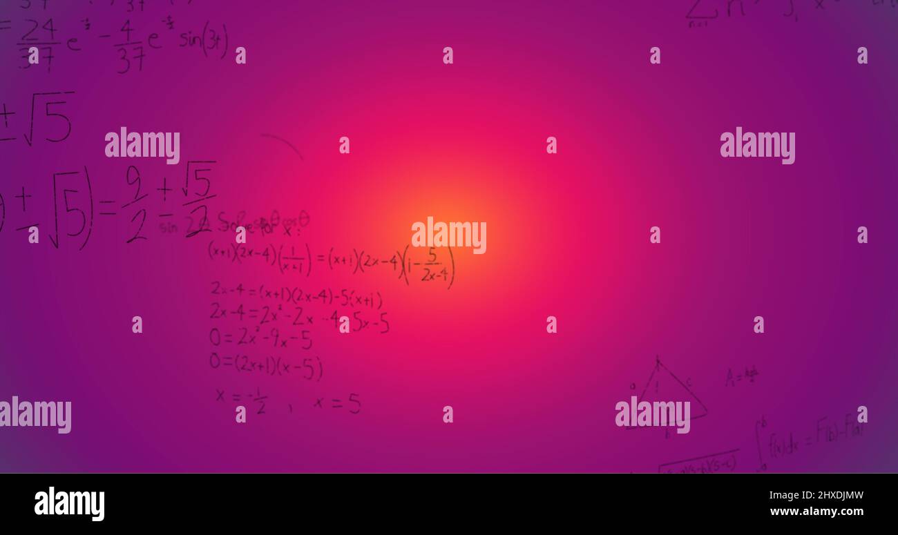 Image of hand written mathematical formulae over purple background ...