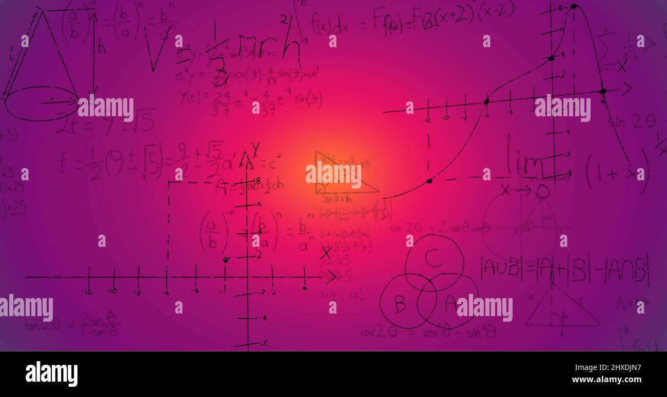 Image of hand written mathematical formulae over purple background ...