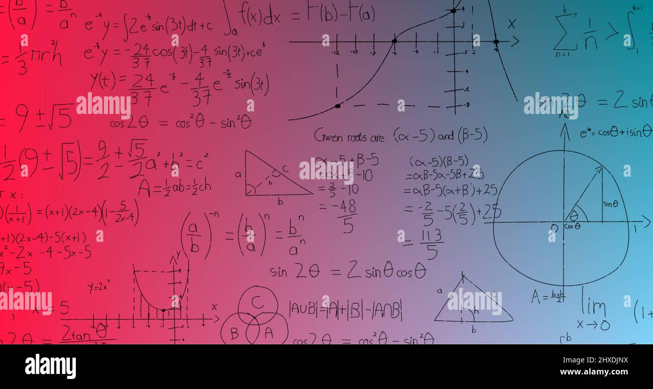 Image of handwritten mathematical formulae over blue to pink background ...