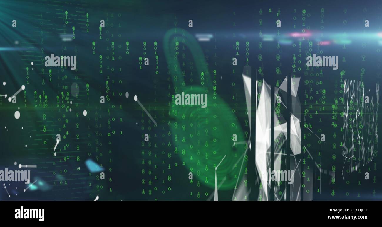 Image of online biometric fingerprint security padlock, binary coding and data processing Stock ...