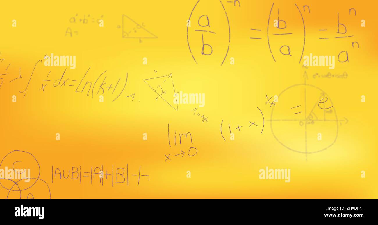 Image of hand written mathematical formulae over yellow background ...