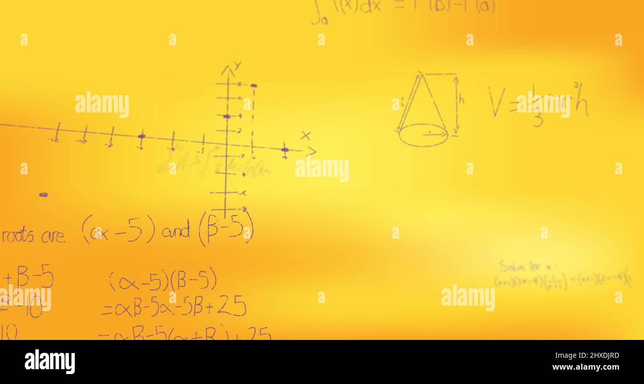 Image of hand written mathematical formulae over yellow background ...