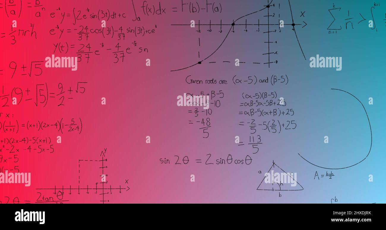 Image of handwritten mathematical formulae over blue to pink background ...