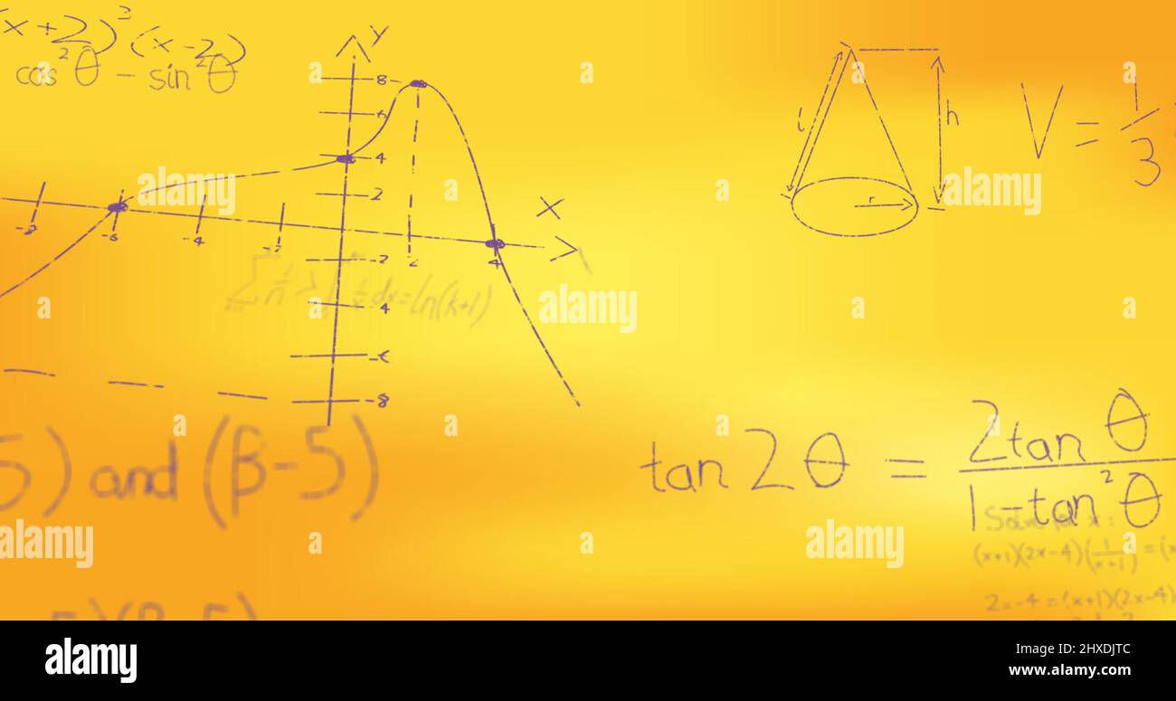 Image of hand written mathematical formulae over yellow background ...