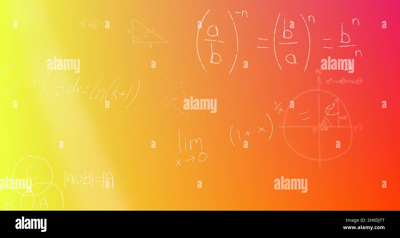 Image of hand written mathematical formulae over yellow to red ...