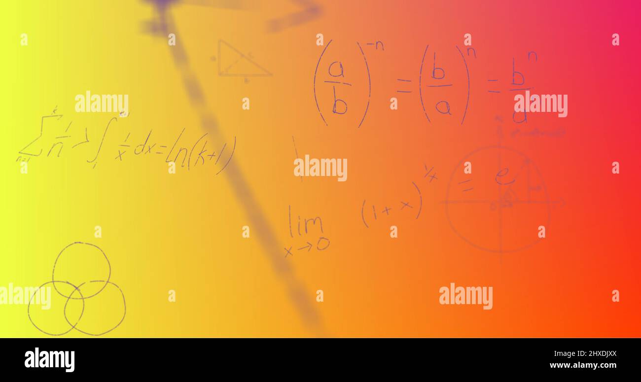 Image of hand written mathematical formulae over yellow to red ...