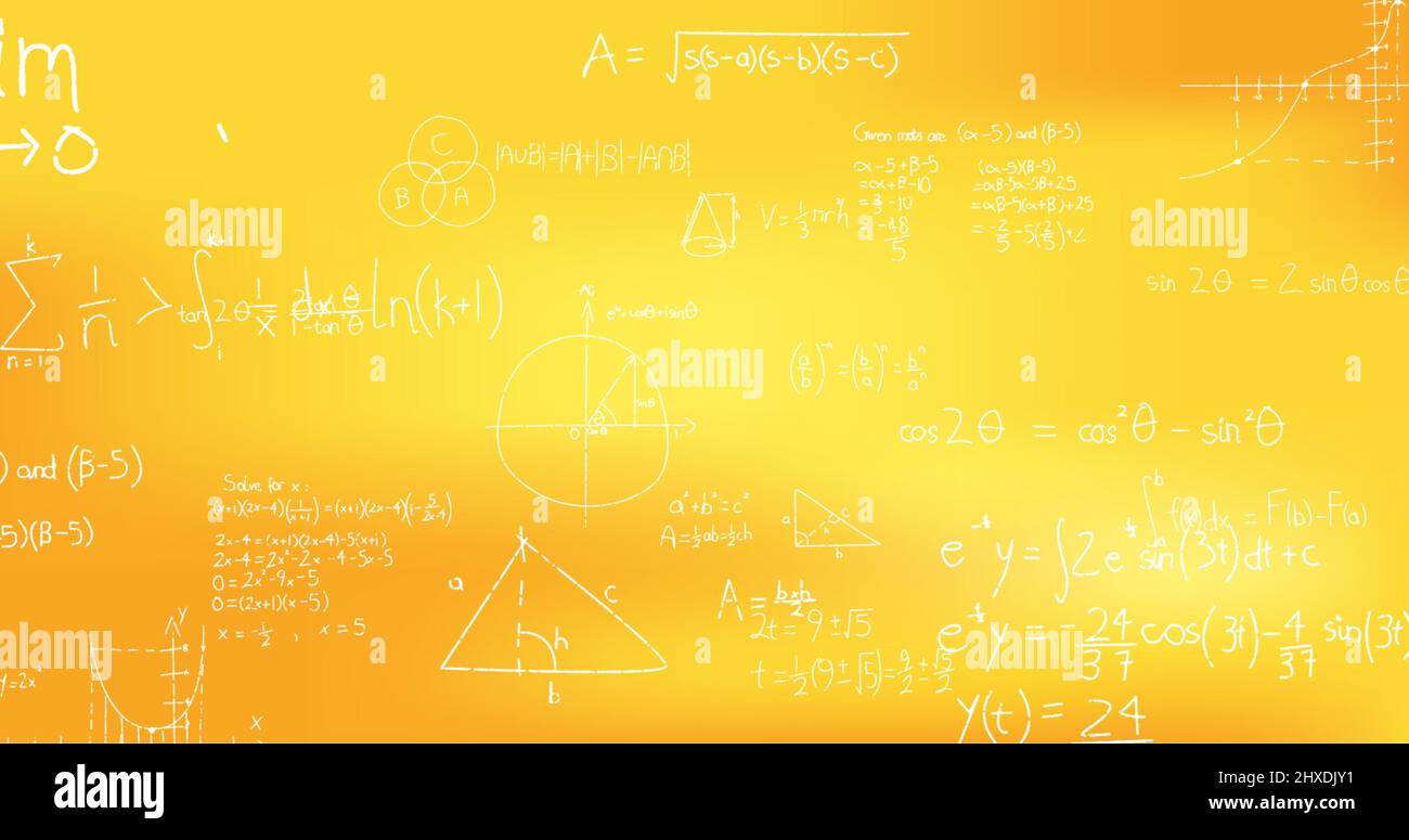 Image of hand written mathematical formulae over yellow background ...
