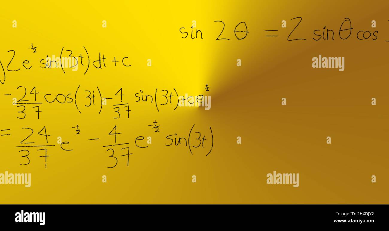 Image of hand written mathematical formulae over yellow background ...