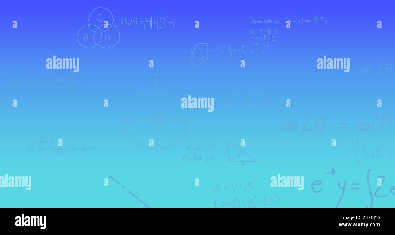 Image of handwritten mathematical formulae over blue background Stock ...