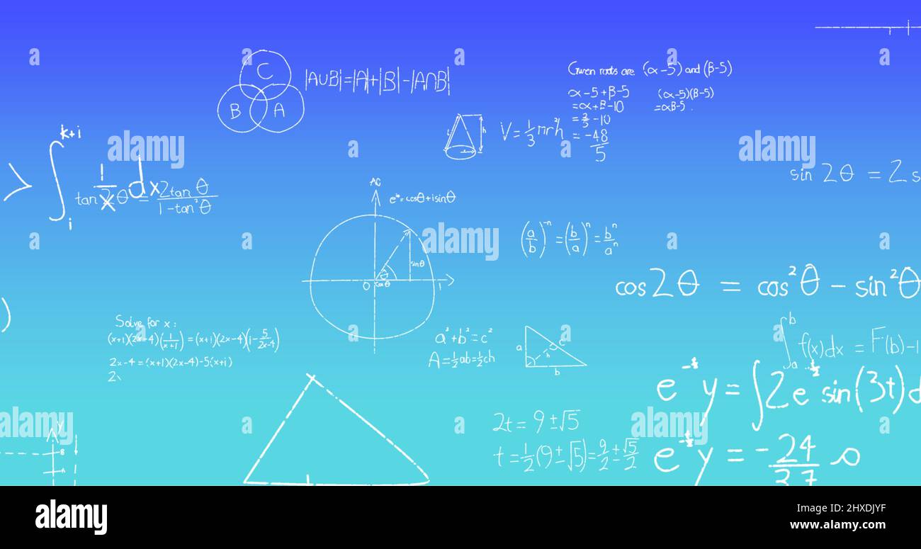 Image of handwritten mathematical formulae over blue background Stock ...