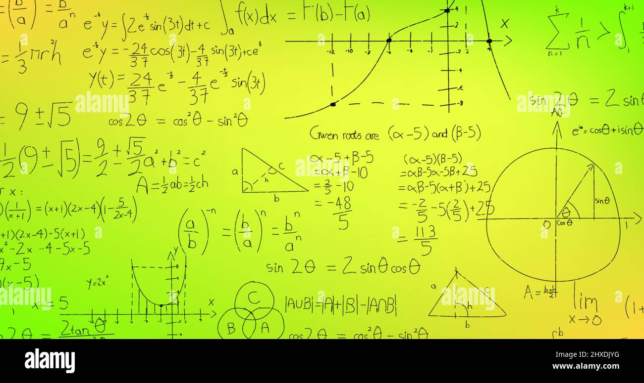 Image of hand written mathematical formulae over yellow background ...