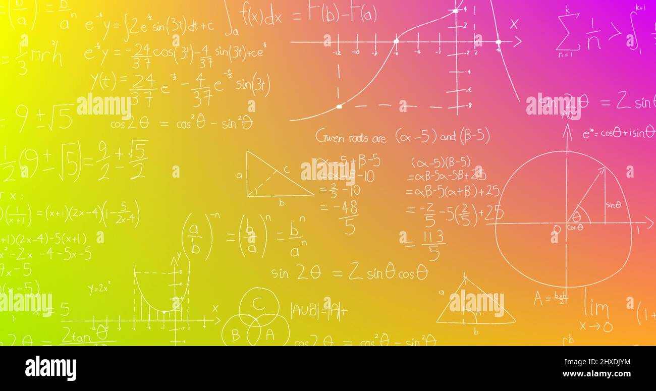 Image of hand written mathematical formulae over yellow background ...