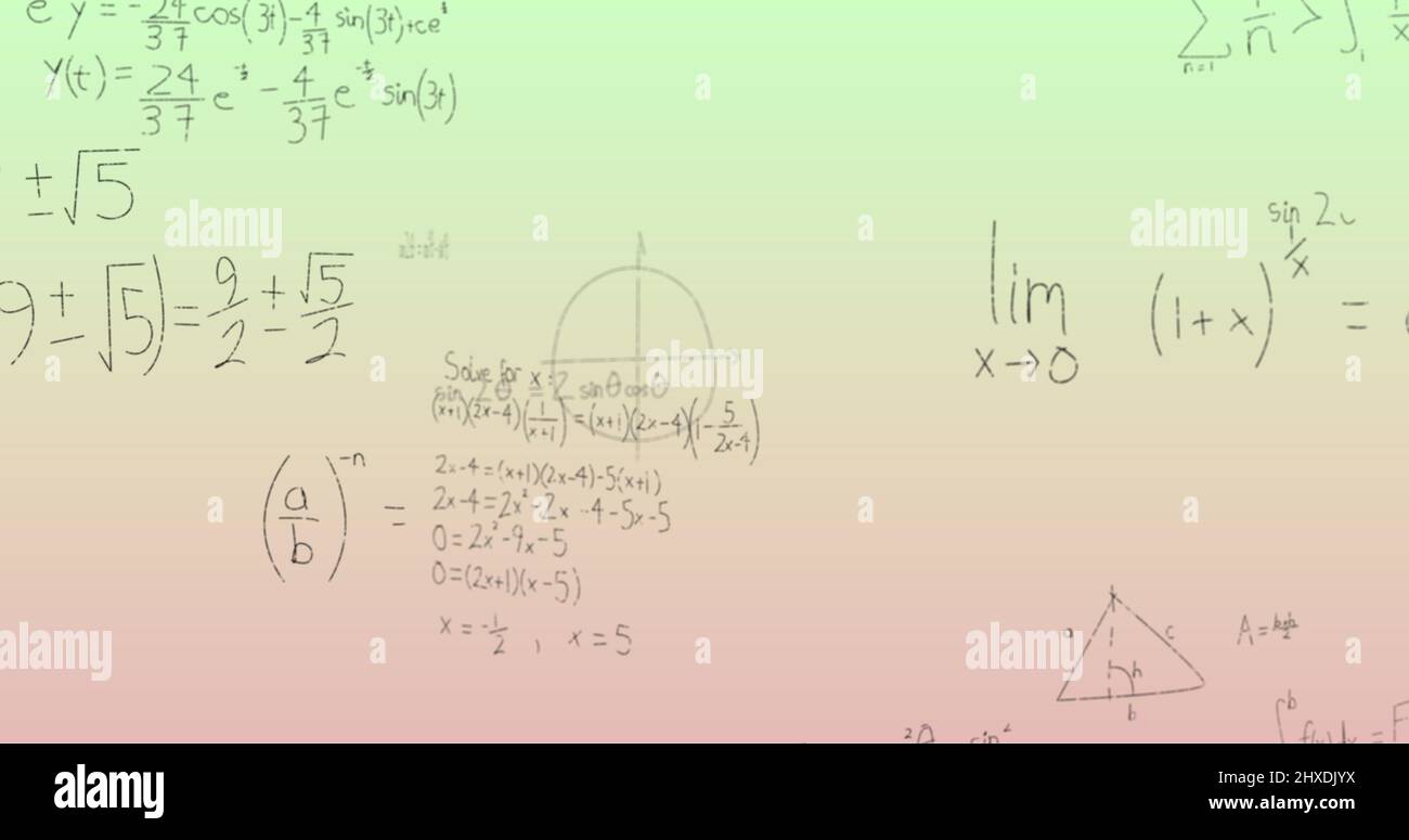 Image of handwritten mathematical formulae over green to pink ...