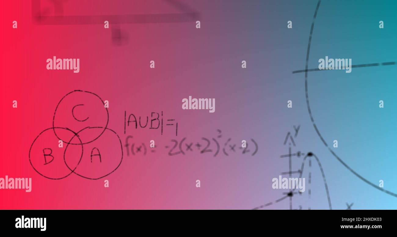 Image of handwritten mathematical formulae over blue to red background ...