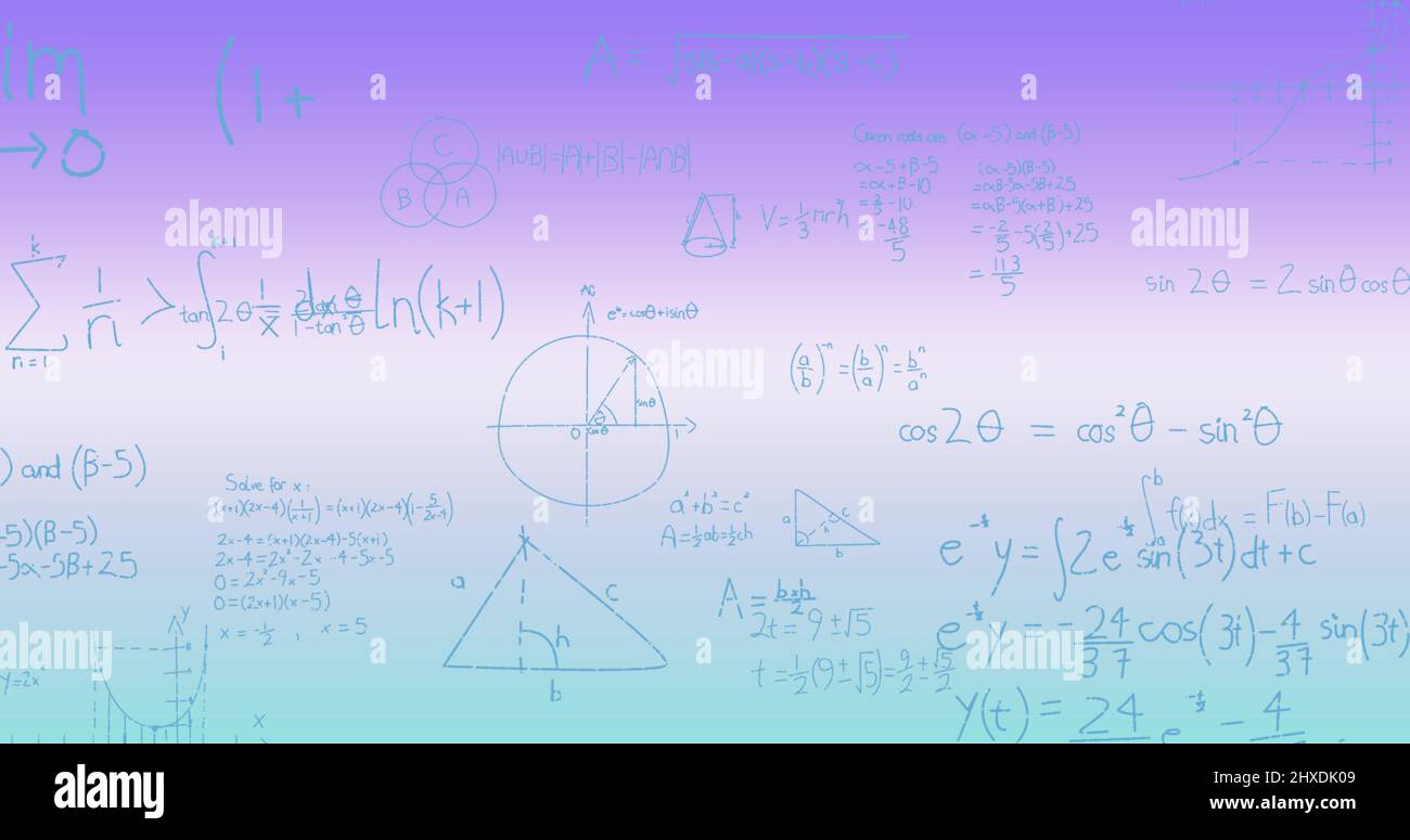 Image of handwritten mathematical formulae over blue to purple ...