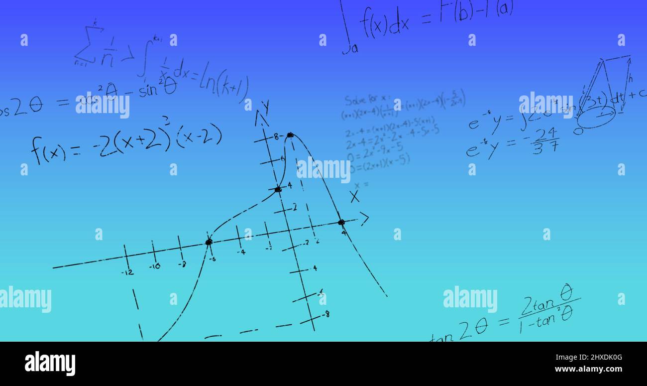 Image of handwritten mathematical formulae over blue background Stock ...