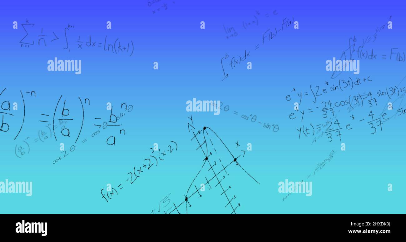 Image of handwritten mathematical formulae over blue background Stock ...