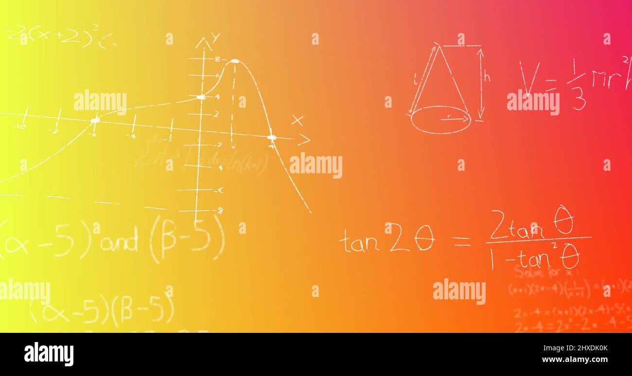 Image of hand written mathematical formulae over yellow to red ...
