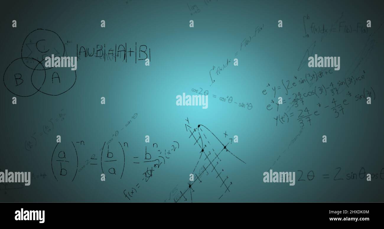 Image of handwritten mathematical formulae over blue background Stock ...