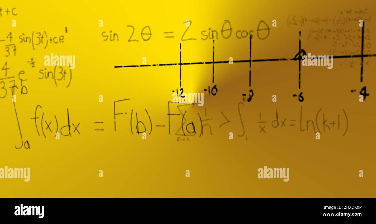 Image of hand written mathematical formulae over yellow background ...