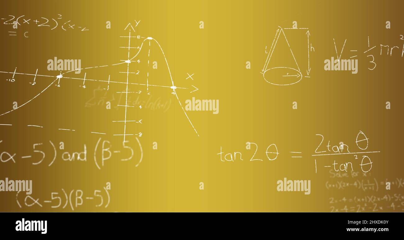 Image of hand written mathematical formulae over yellow background ...