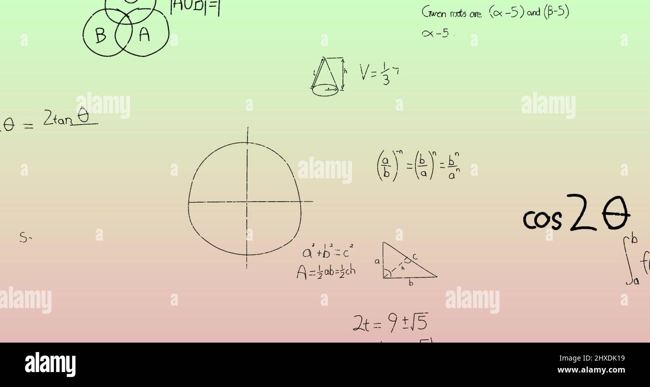 Image of handwritten mathematical formulae over green to pink ...
