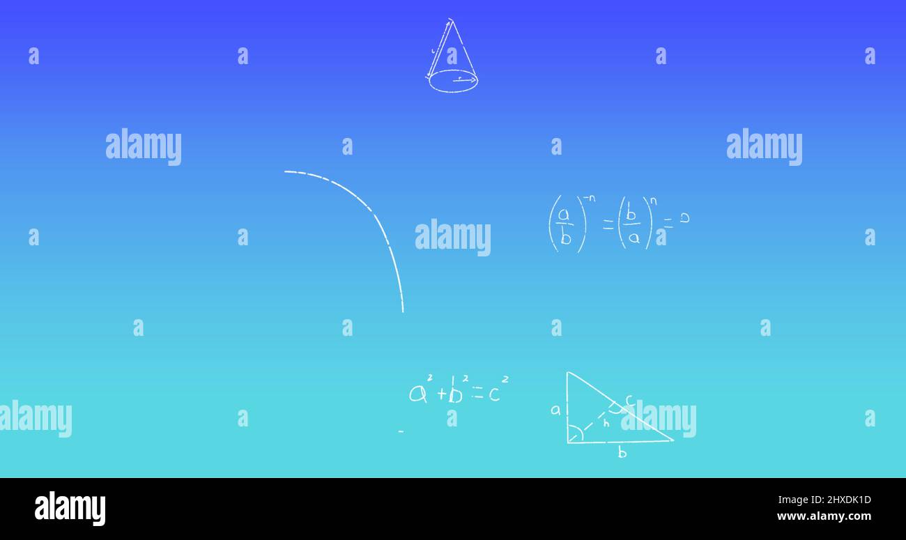 Image of handwritten mathematical formulae over blue background Stock ...