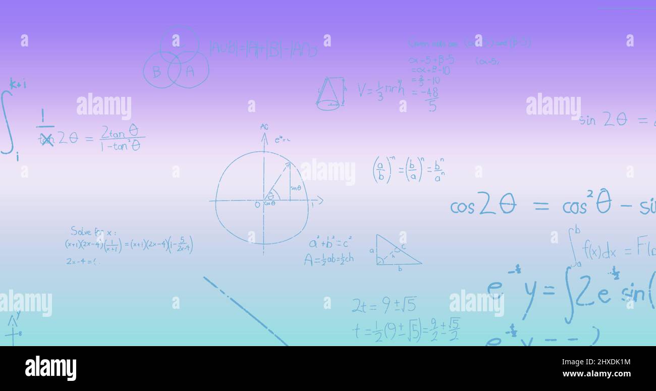 Image of handwritten mathematical formulae over blue to purple ...