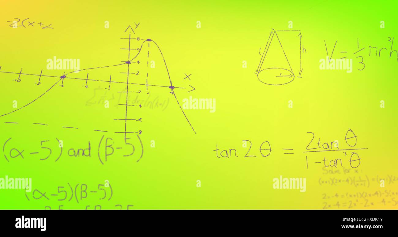 Image of hand written mathematical formulae over yellow background ...