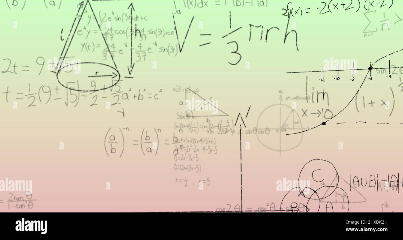 Image of handwritten mathematical formulae over green to pink ...
