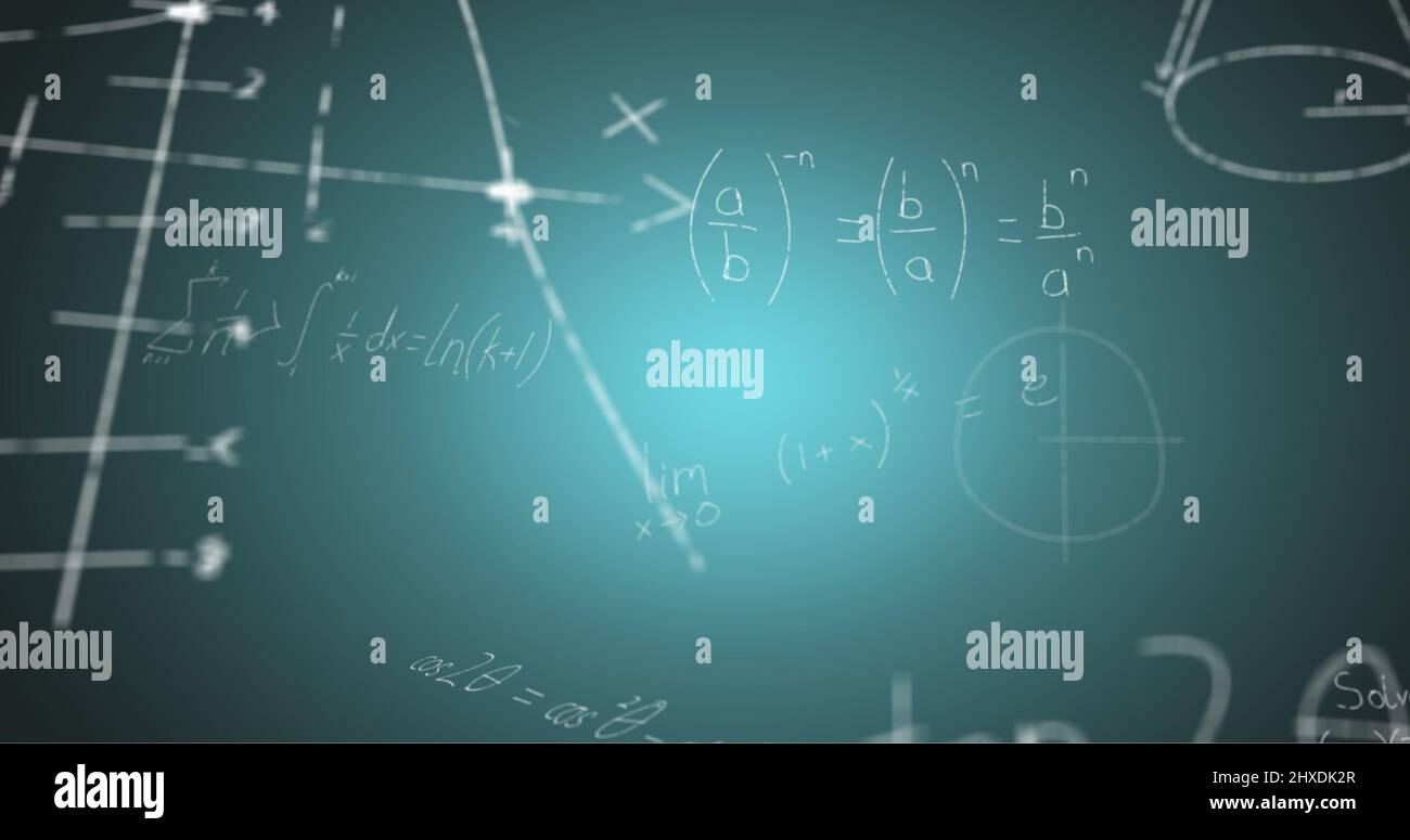 Image of handwritten mathematical formulae over blue background Stock ...