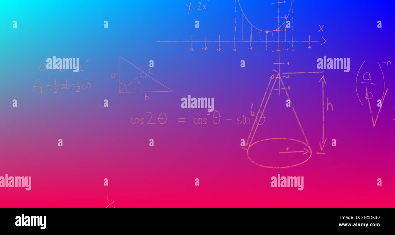 Image of handwritten mathematical formulae over blue to red background ...