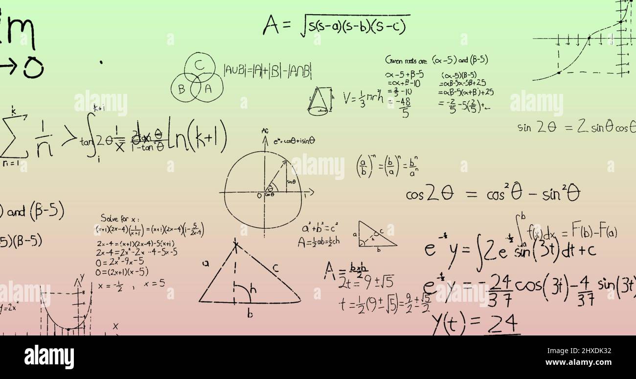 Image of handwritten mathematical formulae over green to pink ...
