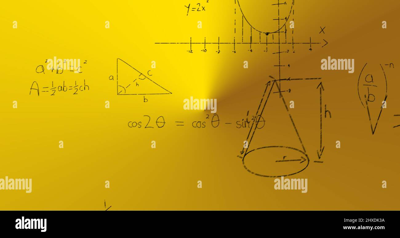 Image of hand written mathematical formulae over yellow background ...