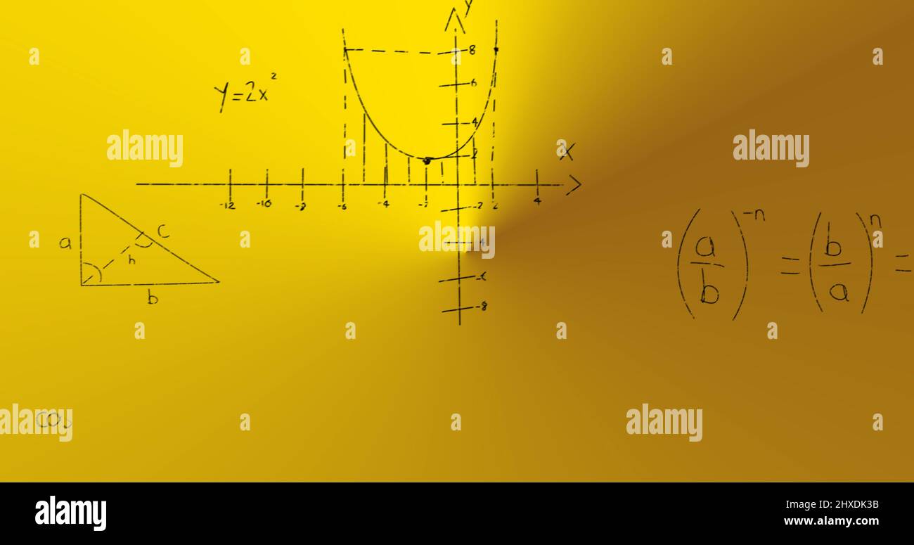 Image of hand written mathematical formulae over yellow background ...