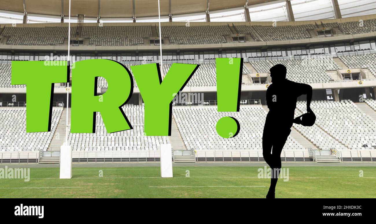 Image of try text with rugby player silhouette at stadium. sport and ...
