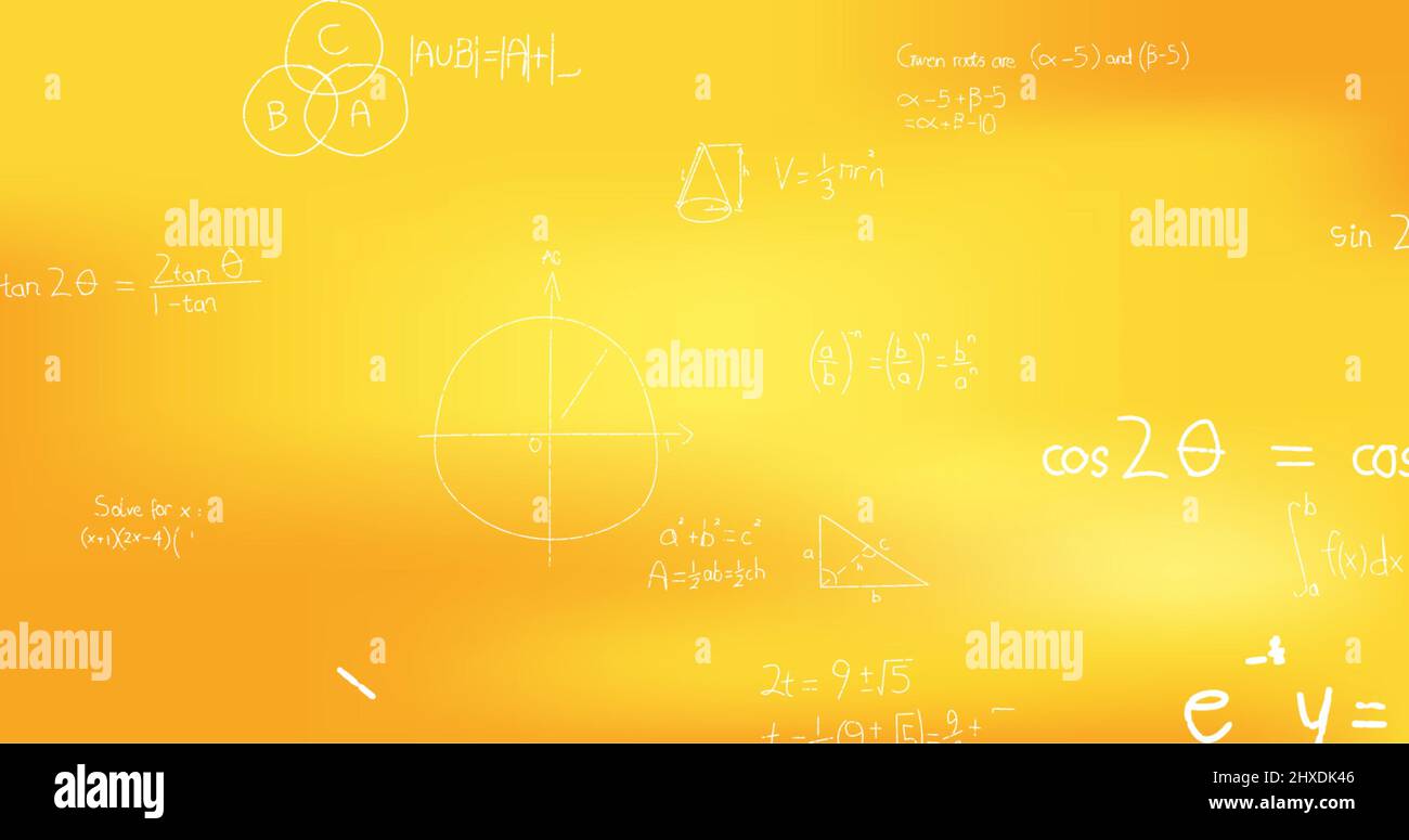 Image of hand written mathematical formulae over yellow background ...