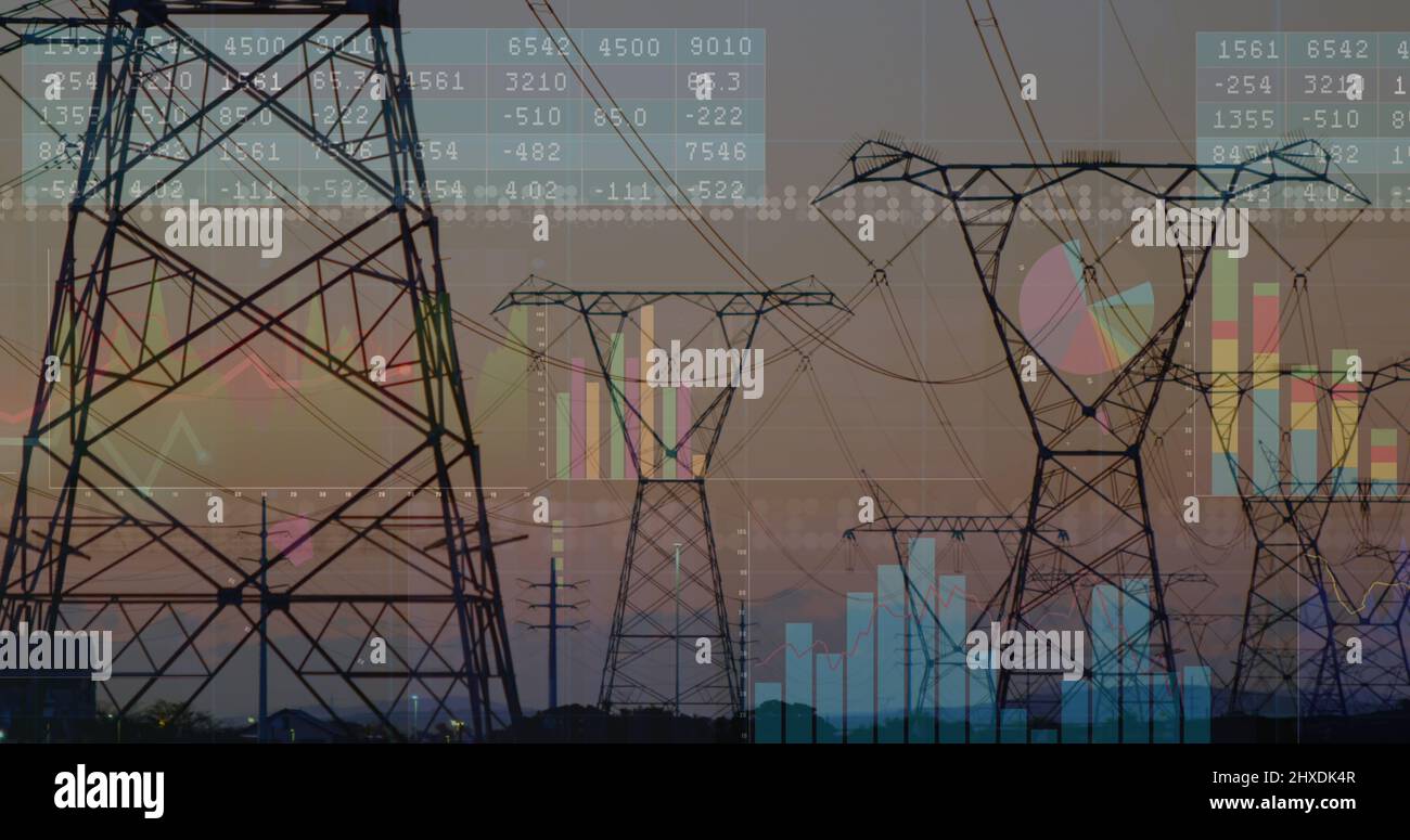 Image of financial data processing over electricity pylons and ...