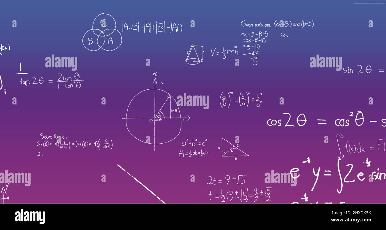 Image of handwritten mathematical formulae over blue to purple ...