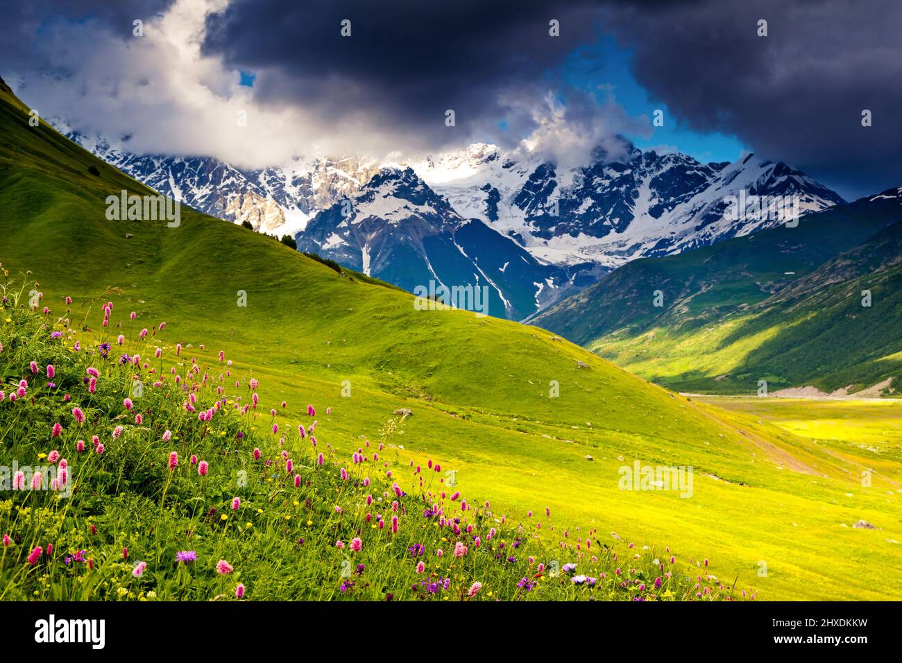 Dramatic sky at the foot of Mt. Shkhara. Upper Svaneti, Georgia, Europe ...