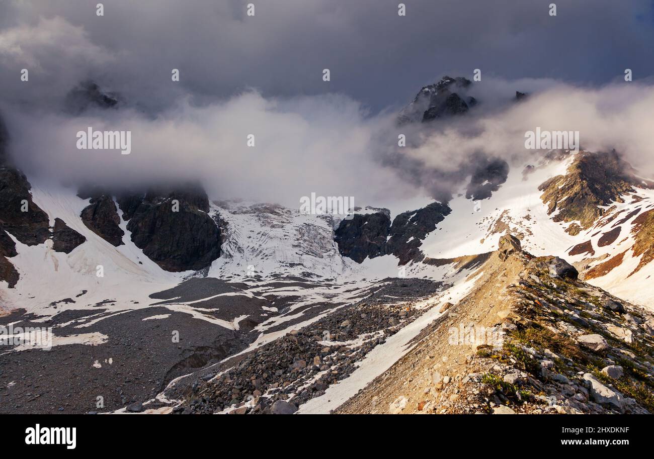 Beautiful view of mountain landscape at the foot of Mt. Ushba. Upper ...