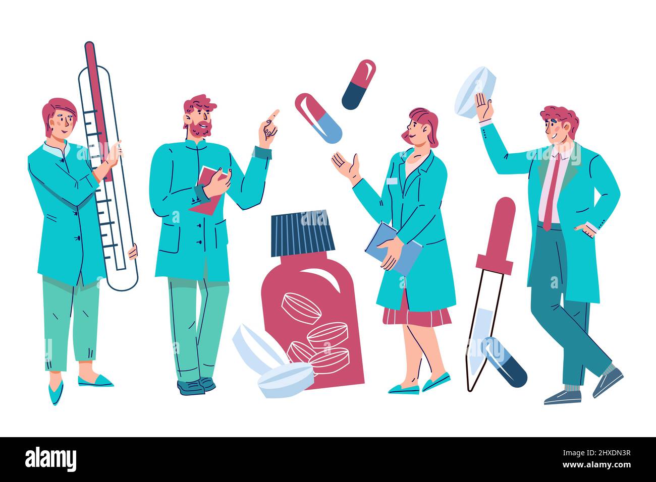 Doctors or pharmacists with drugs and medicines, vector illustration ...