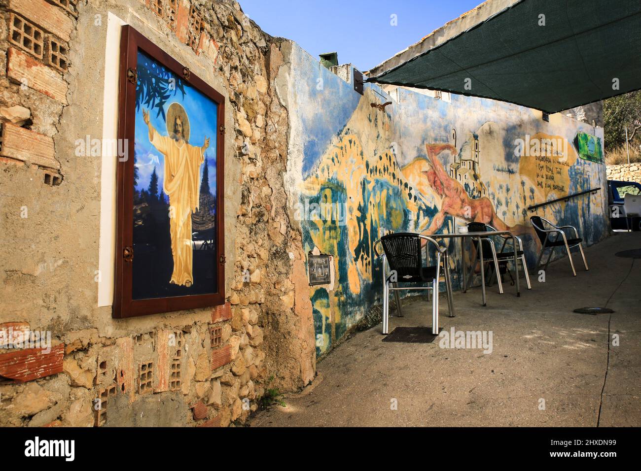 Bolulla, Alicante, Spain- February 4, 2022: Empty bar terrace with ...